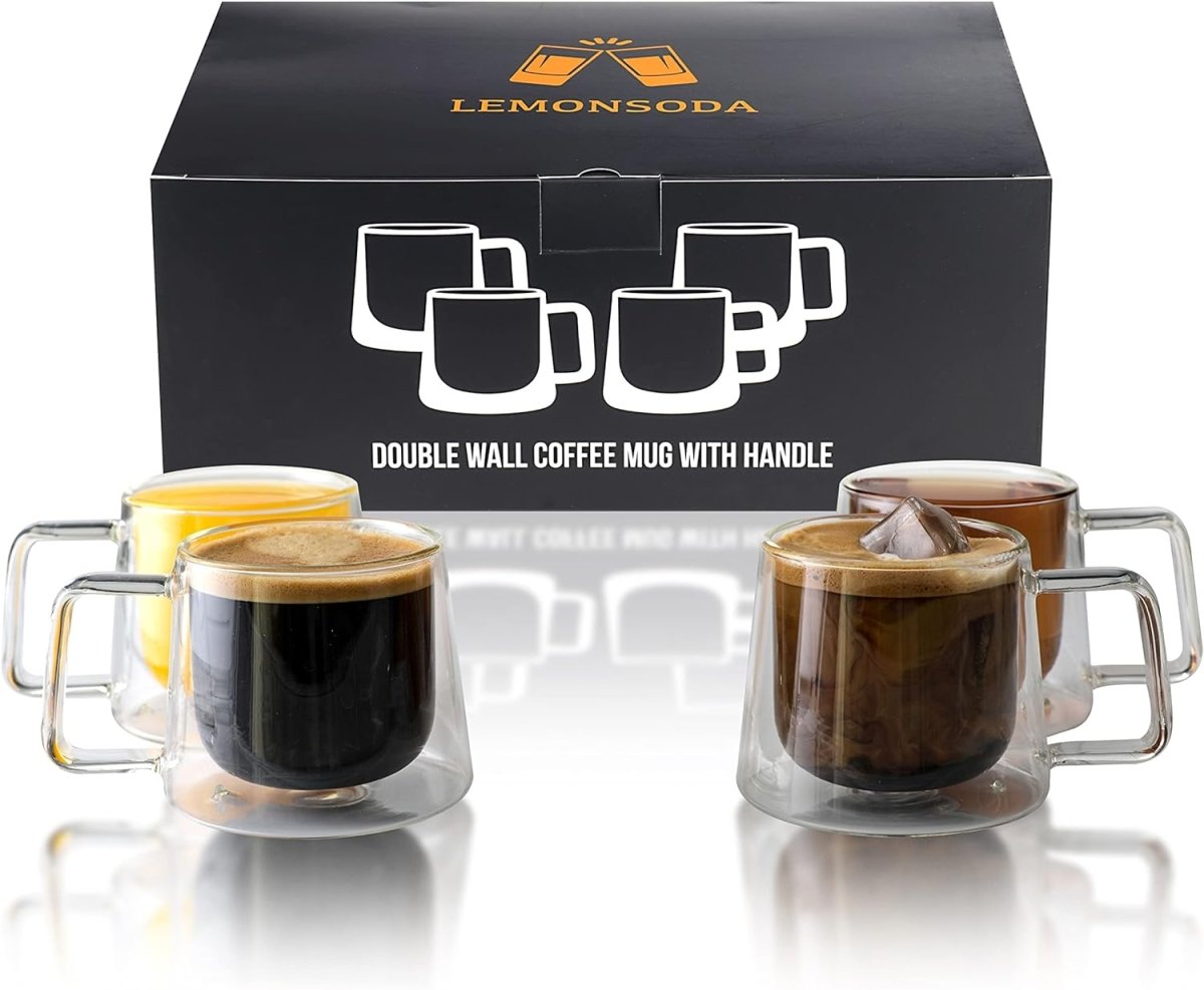Double Walled Glass Coffee Drink Mug with Handle - Set of 4 - 8.5oz ...